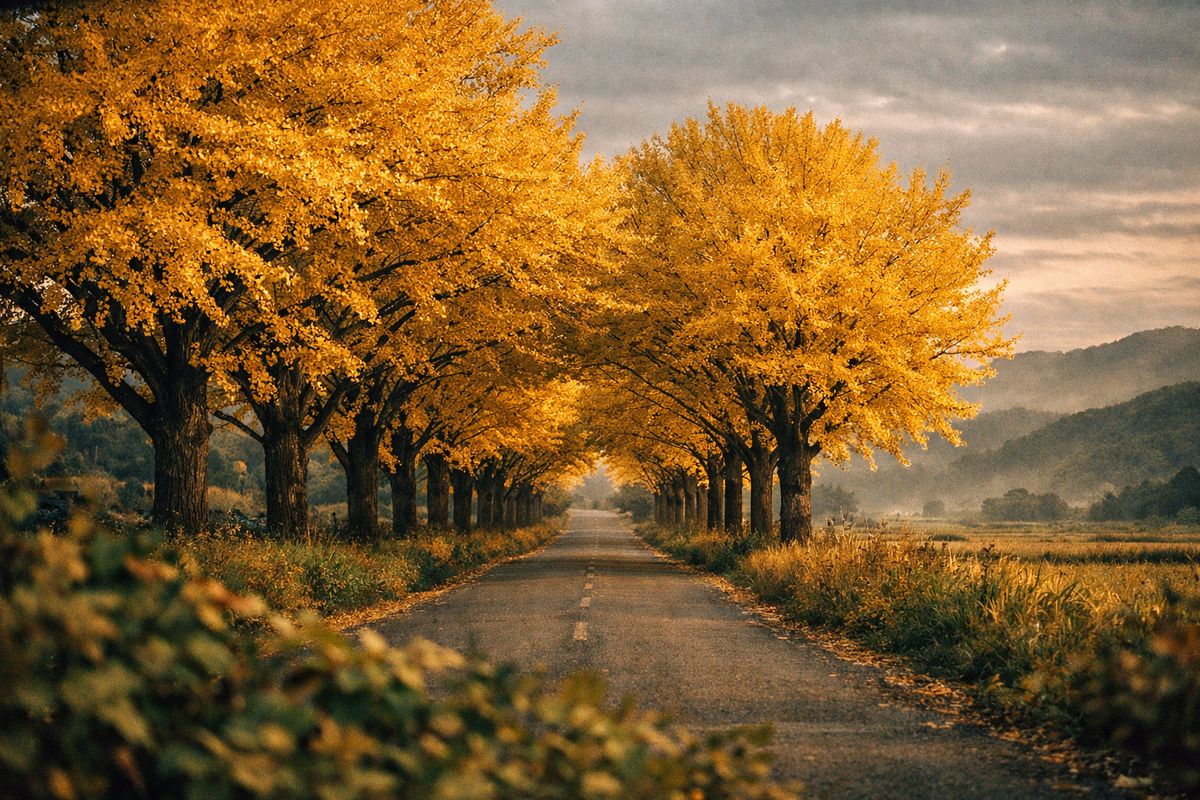 Yellow Spring Road, Japan: Hirokawa's Golden Ginkgo Tunnel · Outbound Lynx